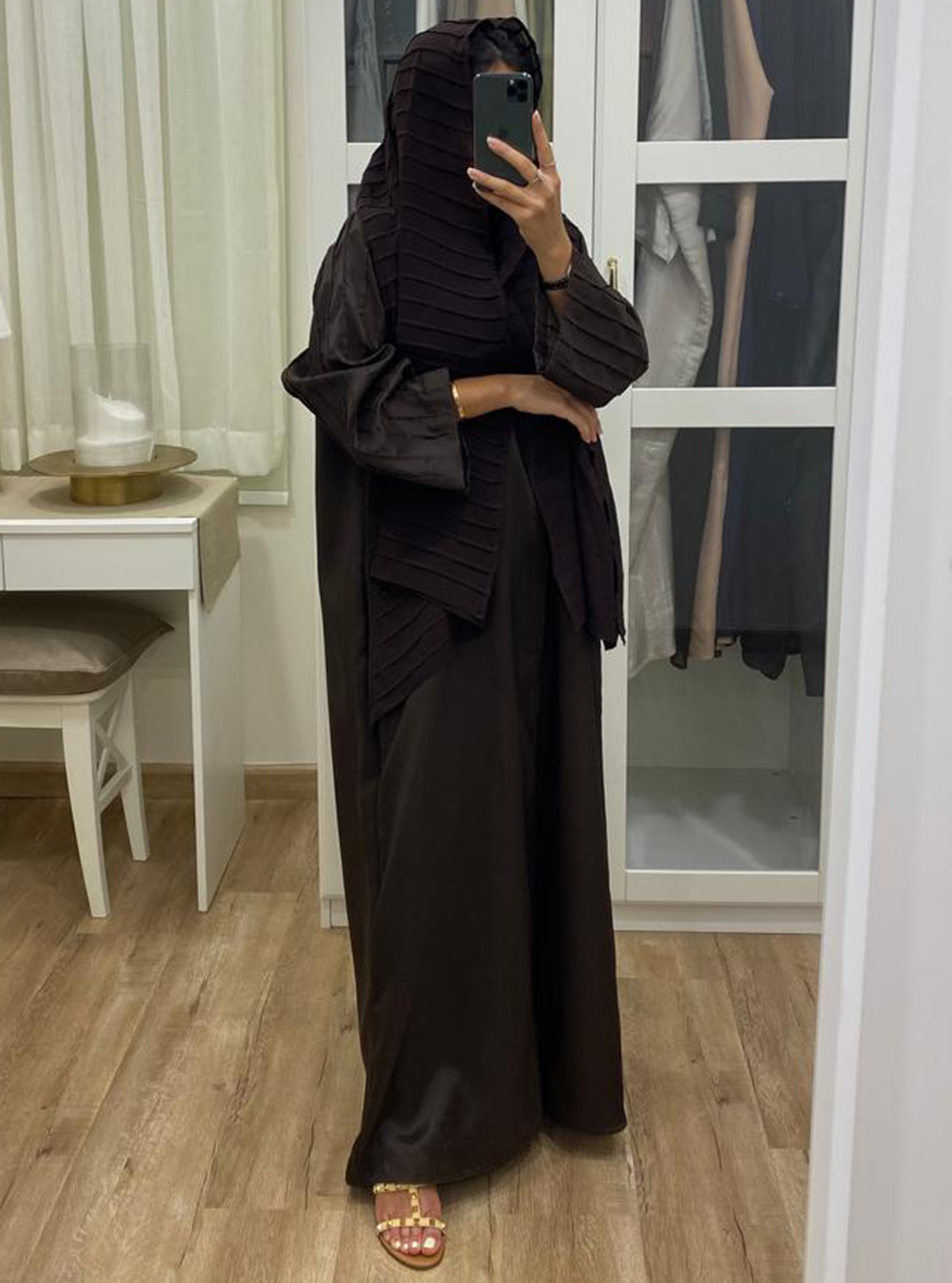Brown Pleats Dark Brown Tafetta Abaya with pleated sleeves and pleated shaila Abayas from Alef ...
