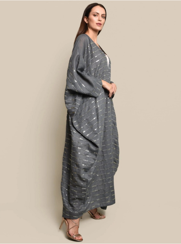 Bisht abaya Grey bisht abaya with embroidery. Abayas from Brokar Abaya at Boksha