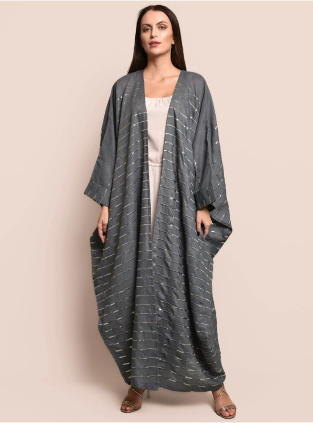 Bisht abaya Grey bisht abaya with embroidery. Abayas from Brokar Abaya at Boksha