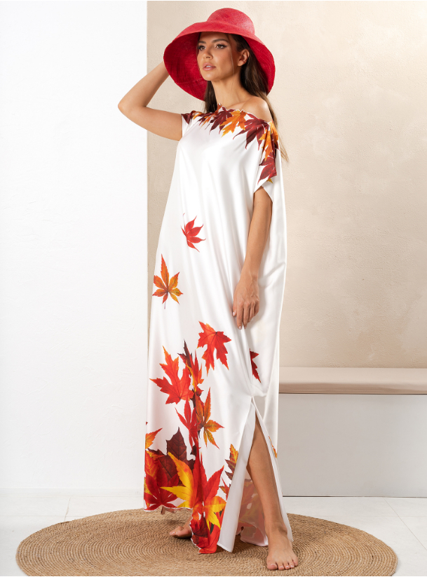 ALLONIA A straight cut caftan with a collar bateau style, open on the ...