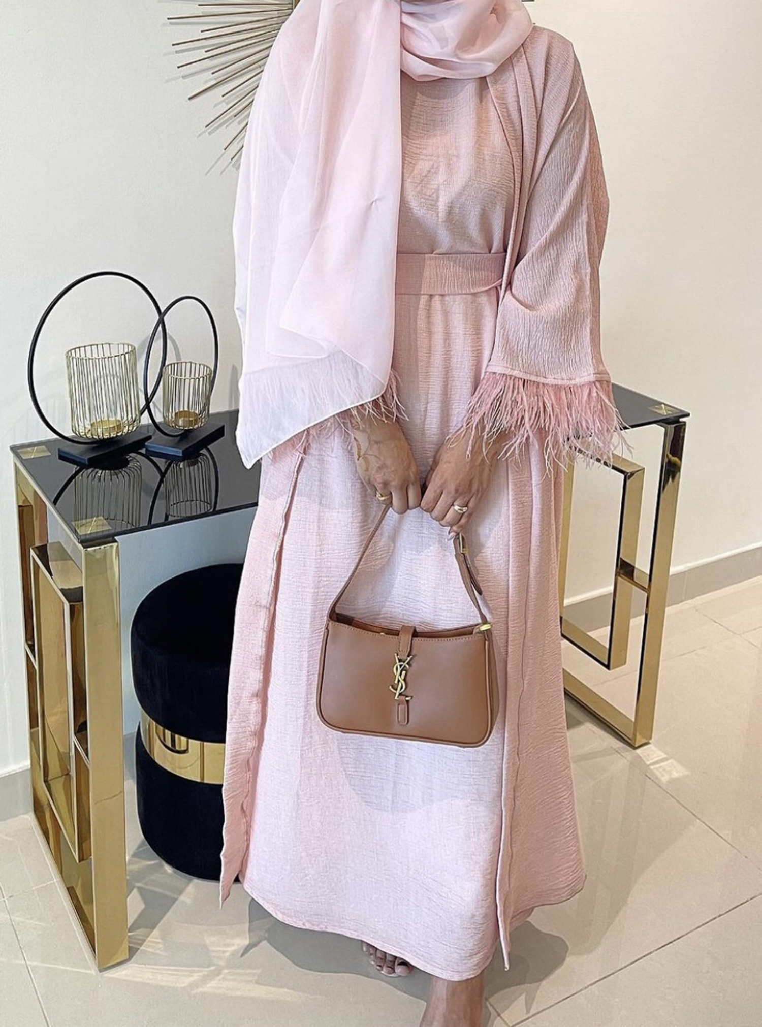 PINK ABAYA SET 3-Piece Abaya Set with feather trimmings. Comes with a headscarf. Abayas from My ...