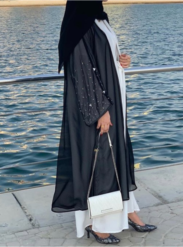 Layered Abaya Layered black and white abaya with embellished sleeves ...
