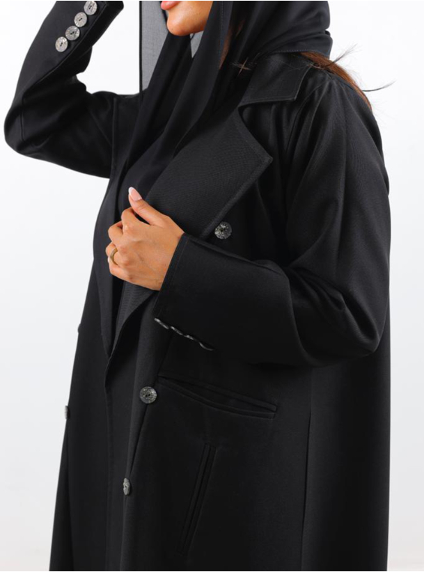 TA12 Coat Abaya Black linen coat abaya with wide collar and buttons ...