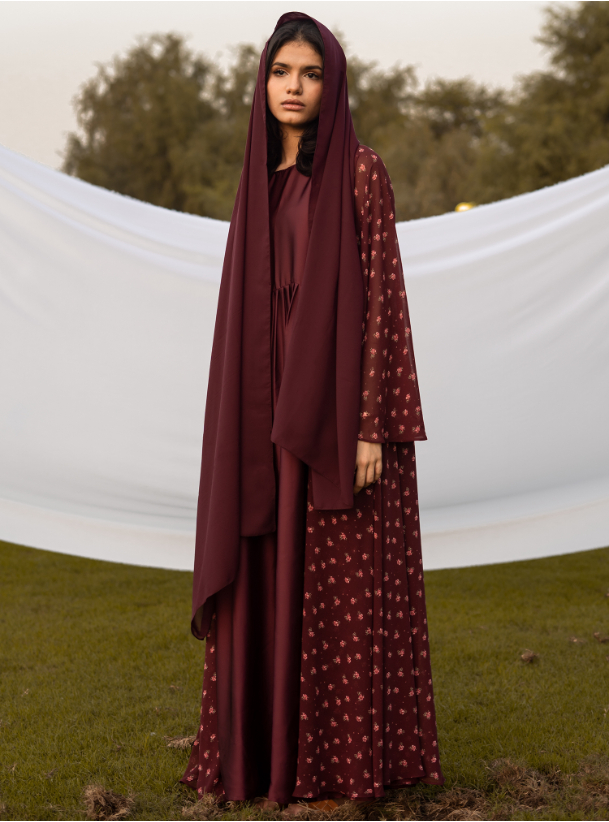 Maroon Abaya georgette maroon floral over coat with pure armani silk ...