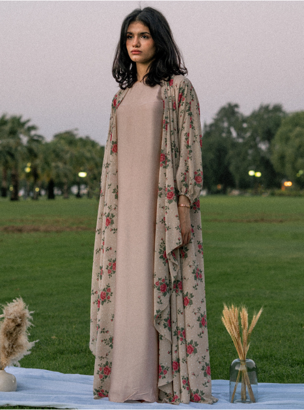 Rose Abaya Floral rose georgette abaya in beige and pink combination with armani silk inner ...