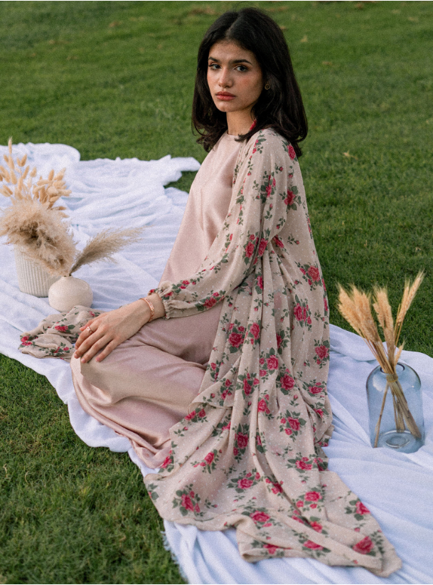 Rose Abaya Floral rose georgette abaya in beige and pink combination with armani silk inner ...