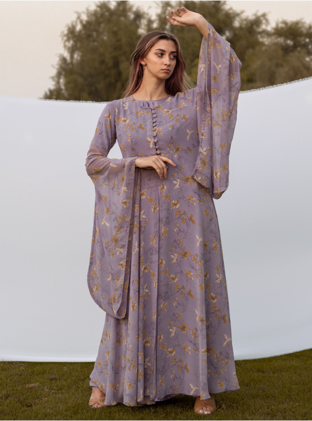 Floral Abaya Purple georgette floral abaya with a long square sleeve ...