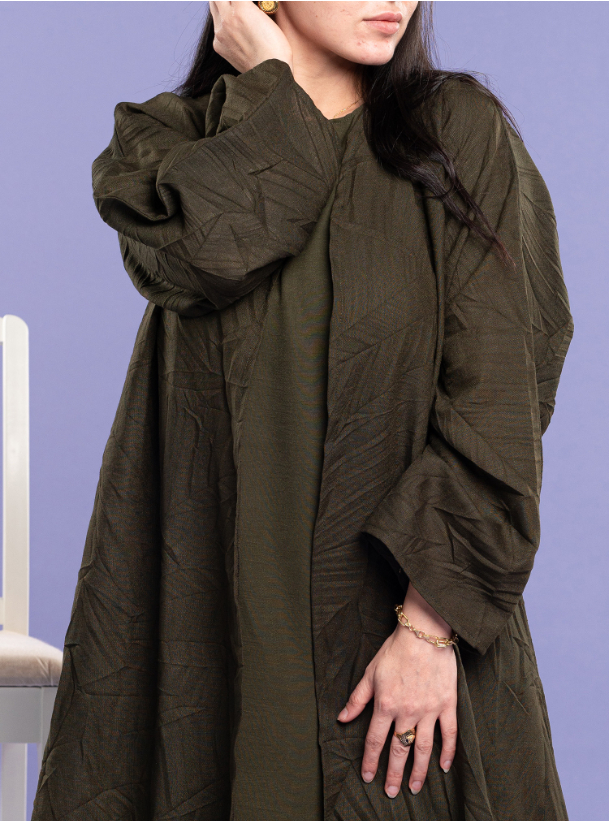 CRUSHED ABAYA Dark Olive green abaya set in crushed linen fabric with ...