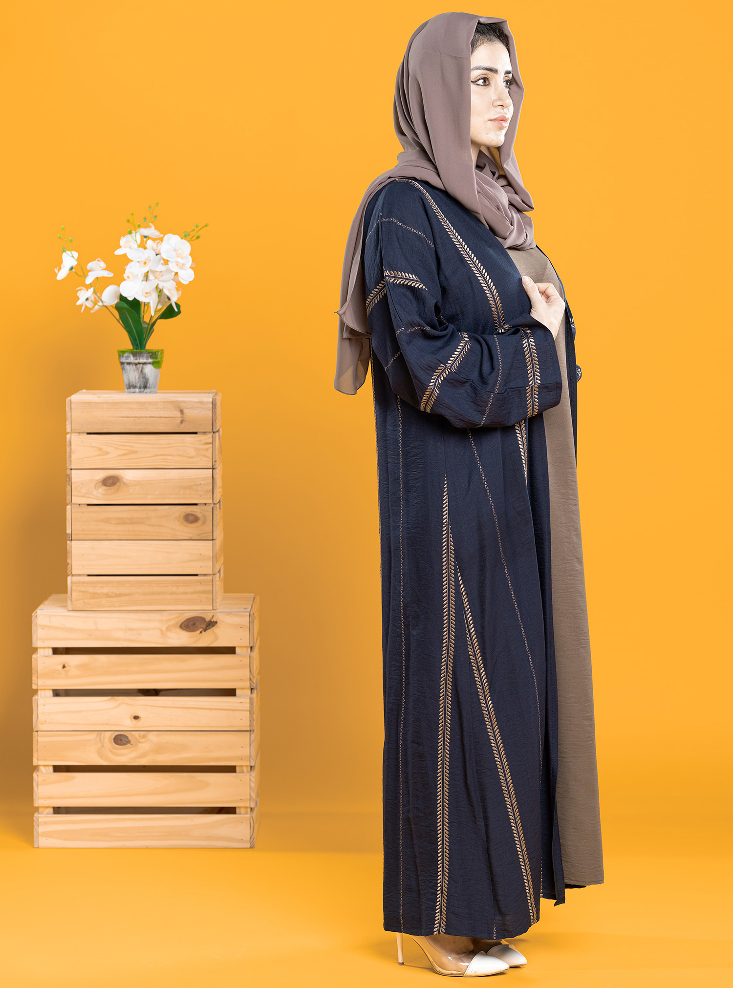 BROWN & BLUE Blue Abaya Set with traditional embroidery. Comes with a ...