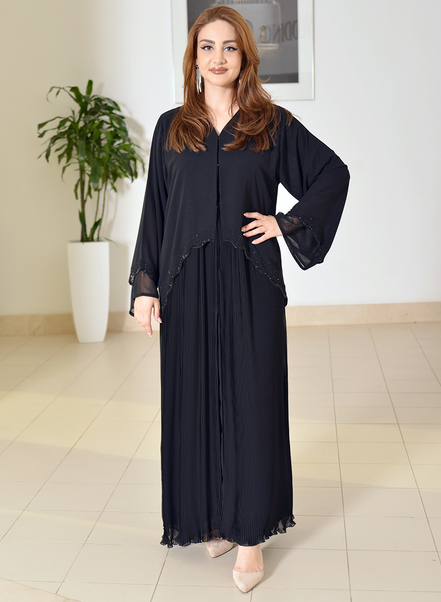 Lail-3696 Abaya Beads embellished pleated double chiffon abaya Abayas ...