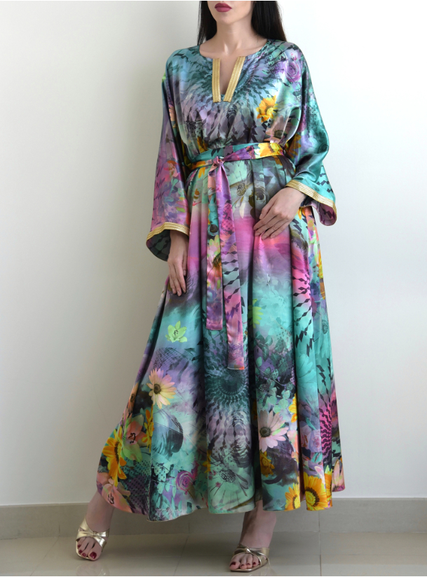Print kaftan Floral print silk kaftan with gold trimming. Comes with ...