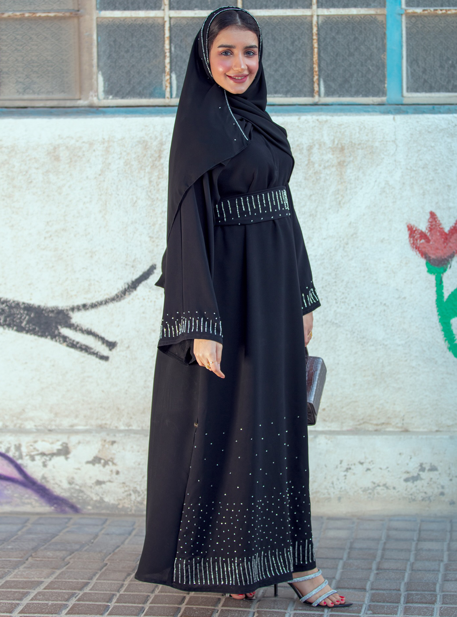 Wedding abaya Black luxury abaya full with beads + belt Abayas from Bronzed Abaya at Boksha