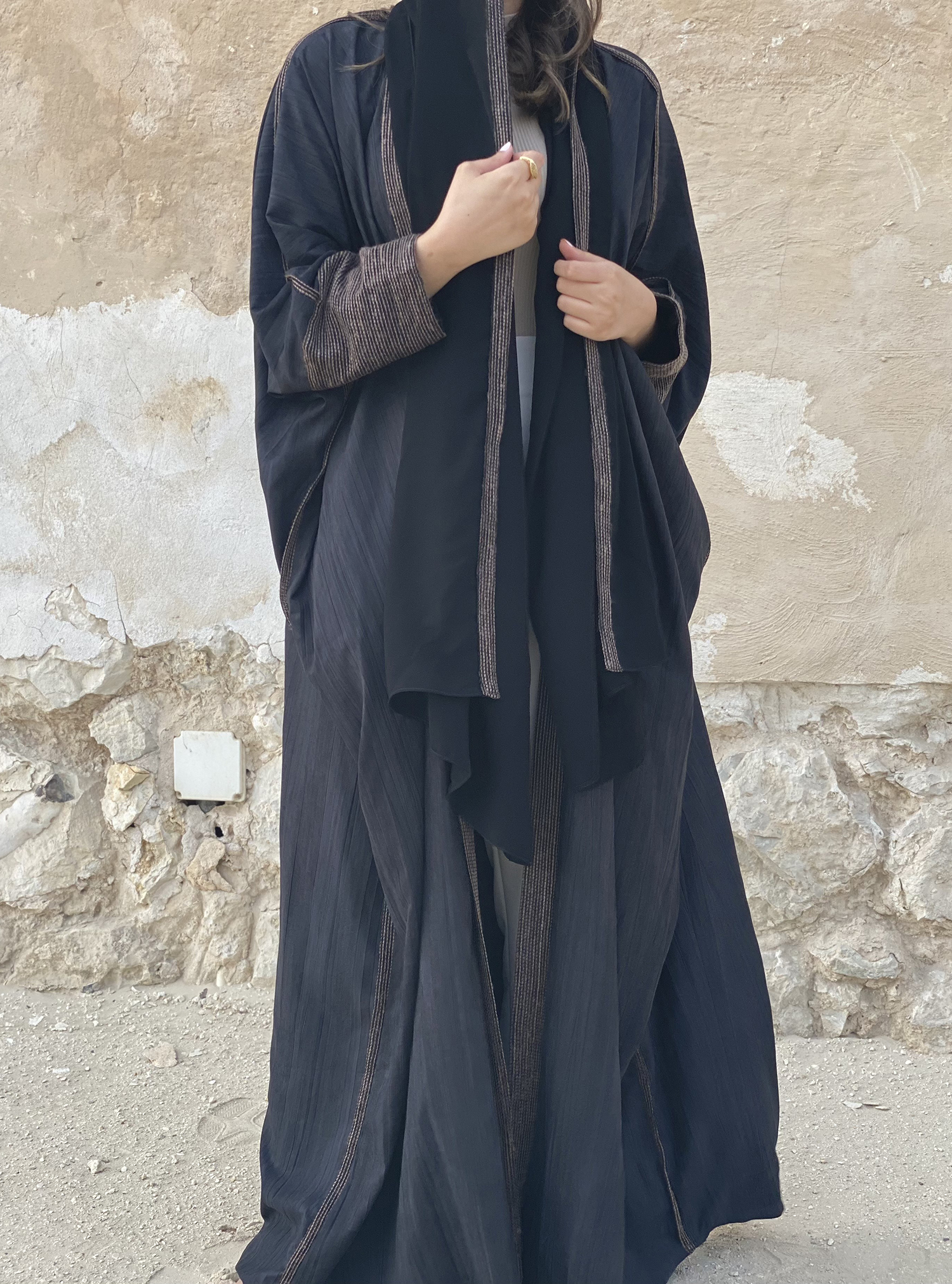 Shamwha Abaya Black shamwah abaya with brown patterned trimmings ...