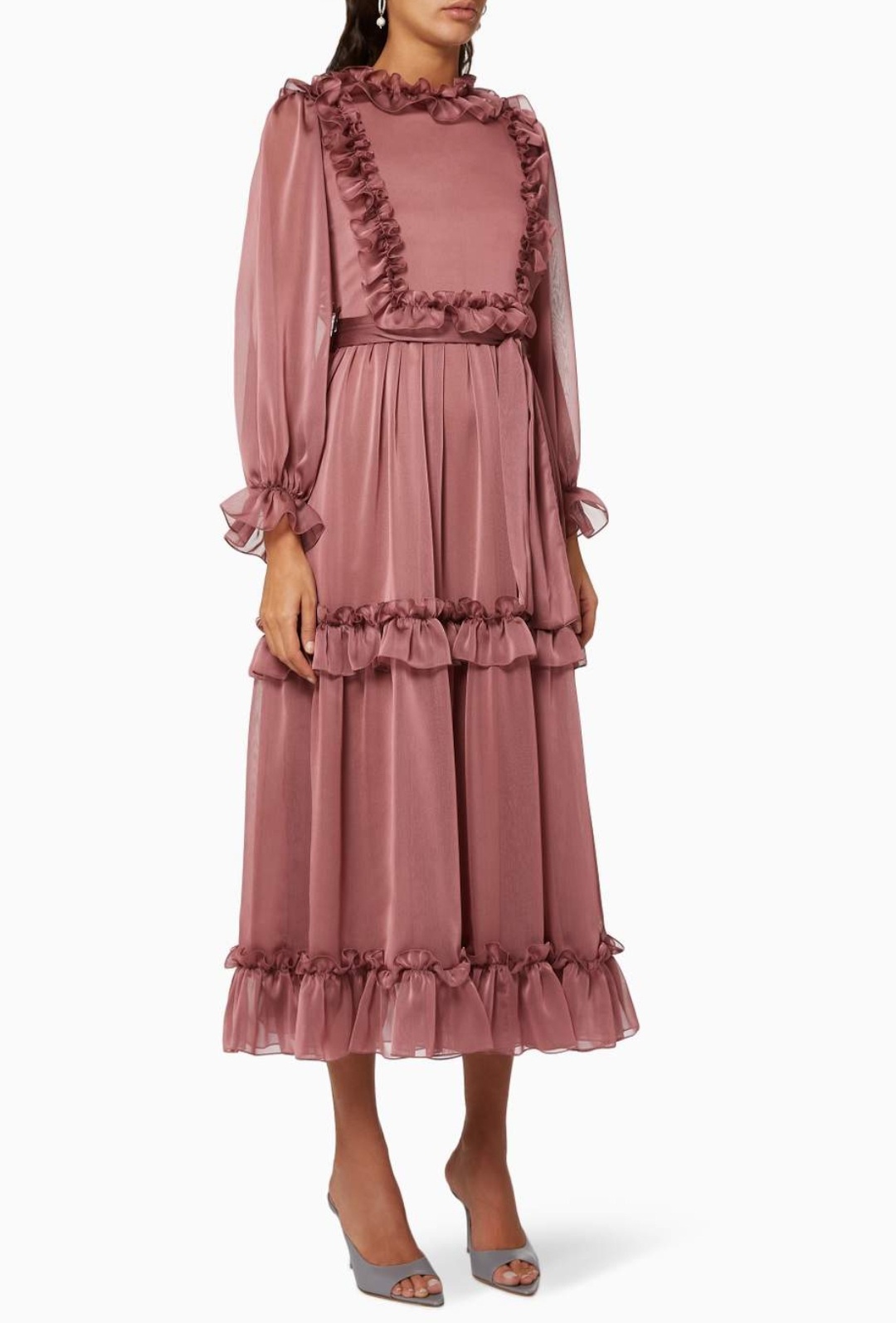 LAM21202blush Ruffled chiffon dress with bib neckline. Dresses from ...