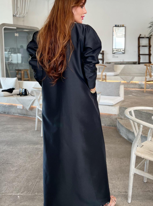 Elegant black Black Satan Fabric come with flowed embellishments work ...