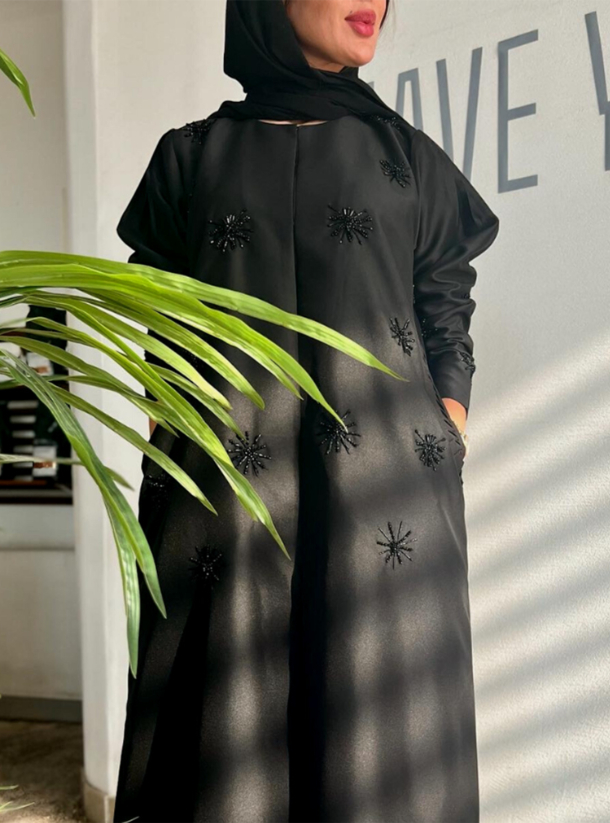 Elegant black Black Satan Fabric come with flowed embellishments work ...