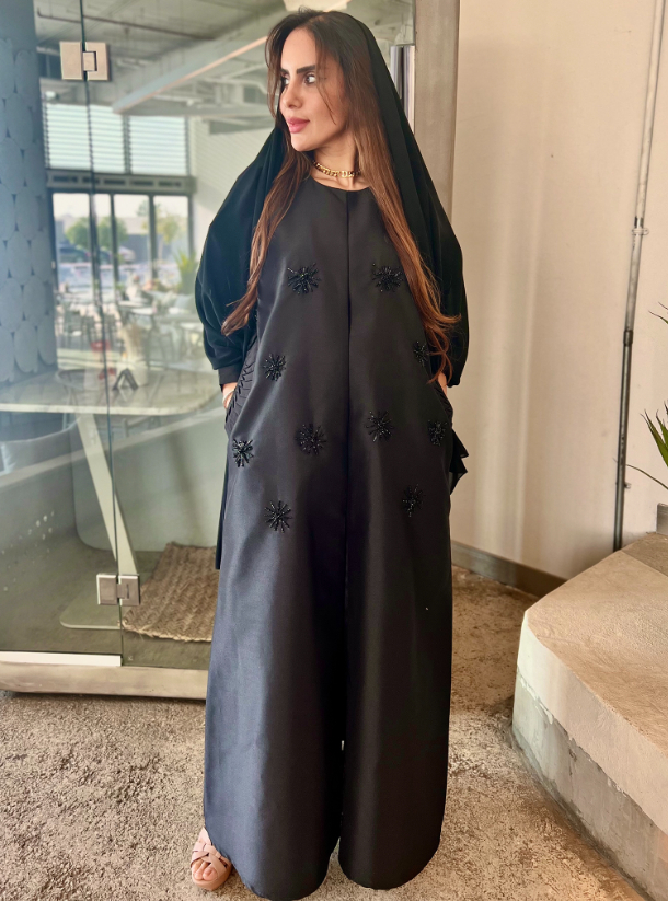 Elegant black Black Satan Fabric come with flowed embellishments work ...