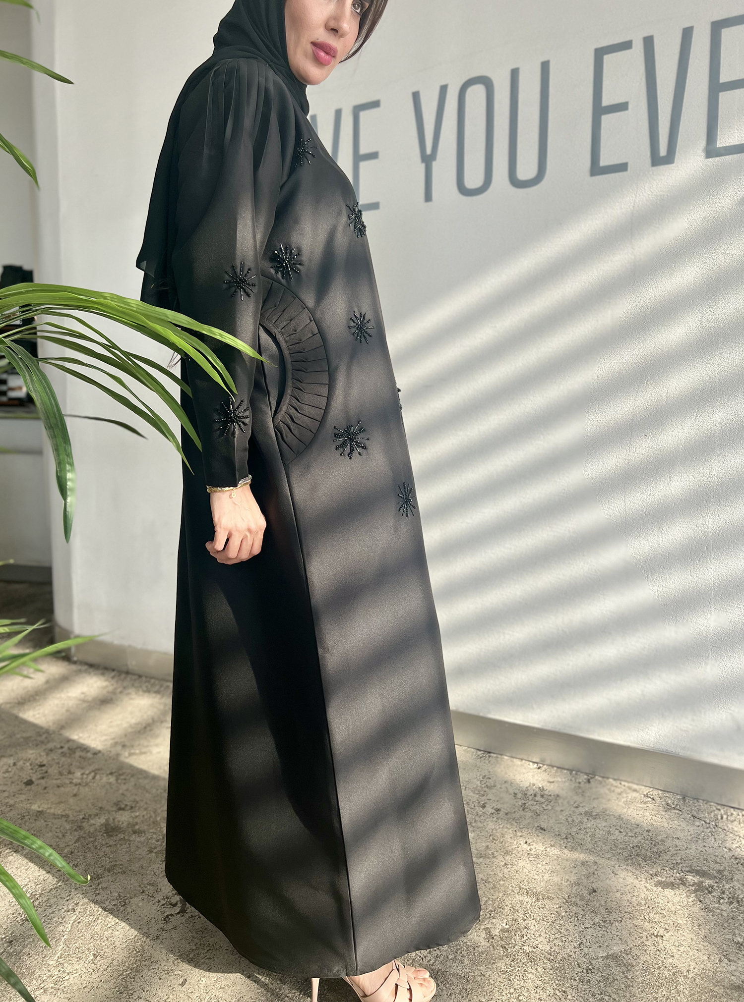 Elegant black Black Satan Fabric come with flowed embellishments work ...