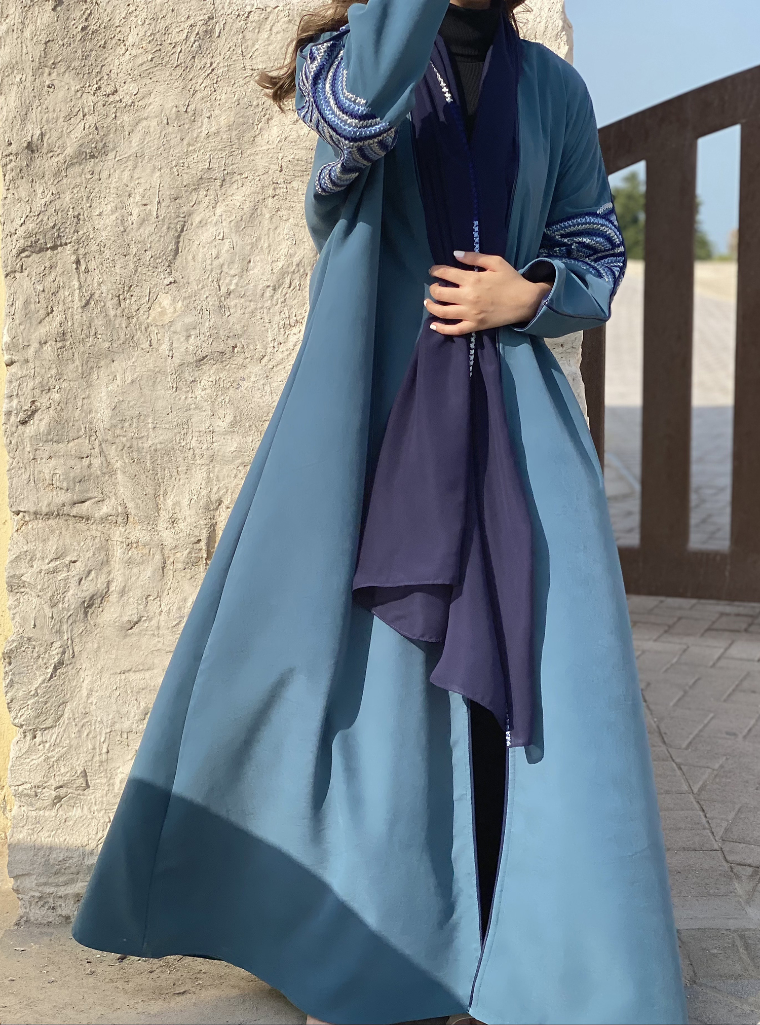Shamwah Abaya Bright blue shamwah abaya with embroidery and navy ...