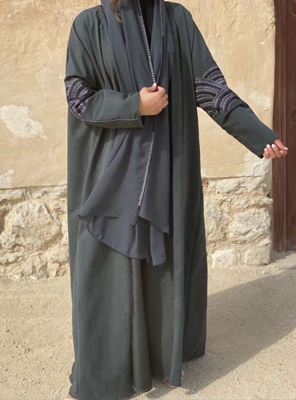 Shamwah Abaya Grey shamwah abaya with embroidery and navy leather ...