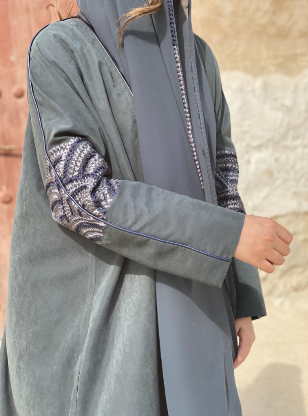 Shamwah Abaya Grey shamwah abaya with embroidery and navy leather ...
