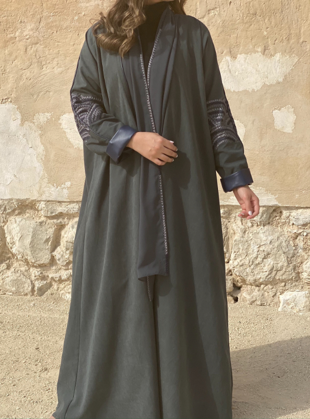 Shamwah Abaya Grey shamwah abaya with embroidery and navy leather ...