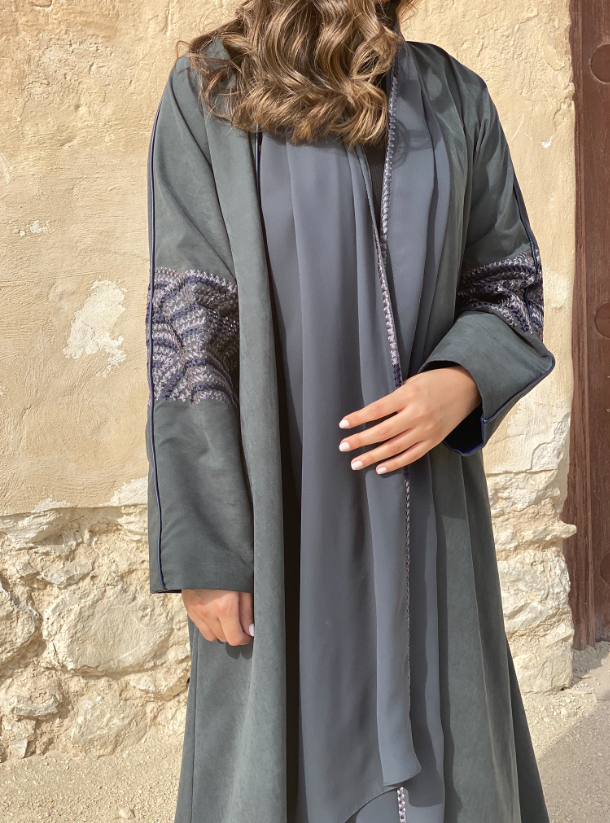 Shamwah Abaya Grey shamwah abaya with embroidery and navy leather ...