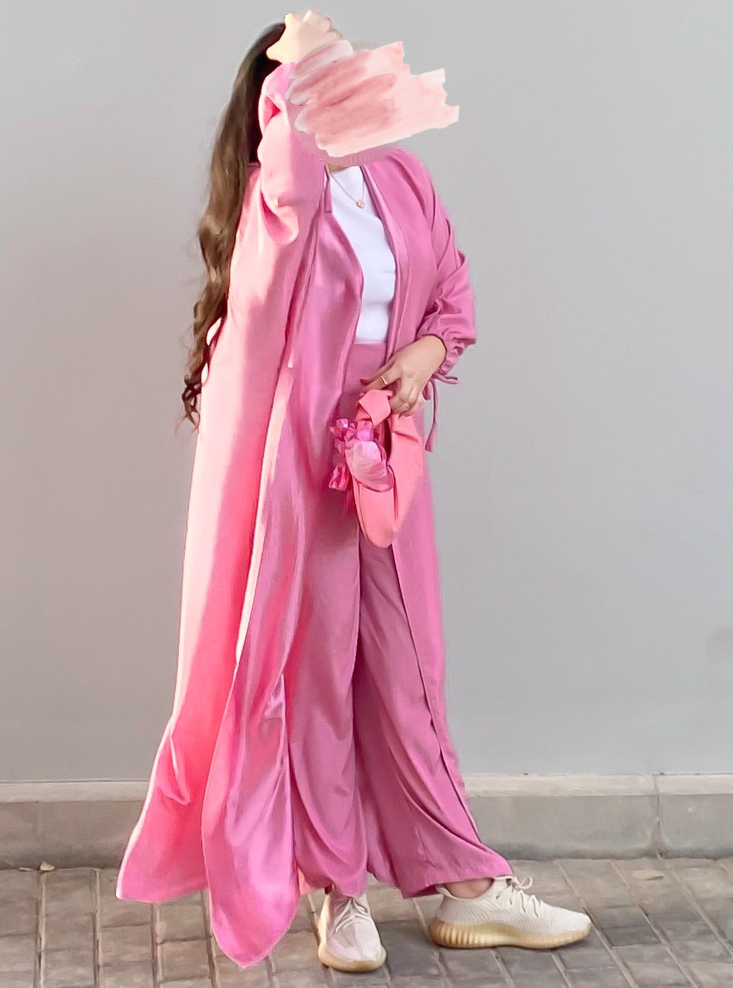 Pink Abaya Set A practical set featuring an open abaya with trousers and scarf Abayas from ...