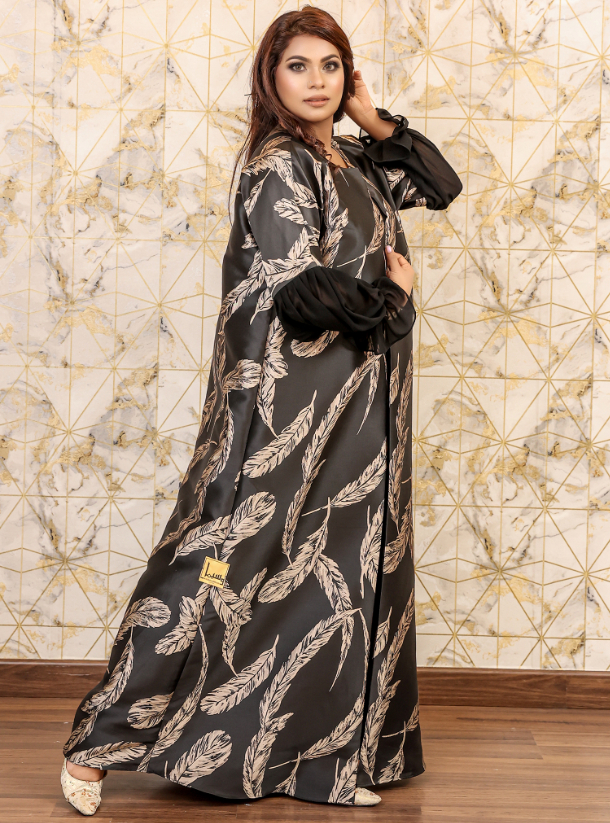 VI Feather Prin Black Printed Abaya with Inner dress and headscarf ...