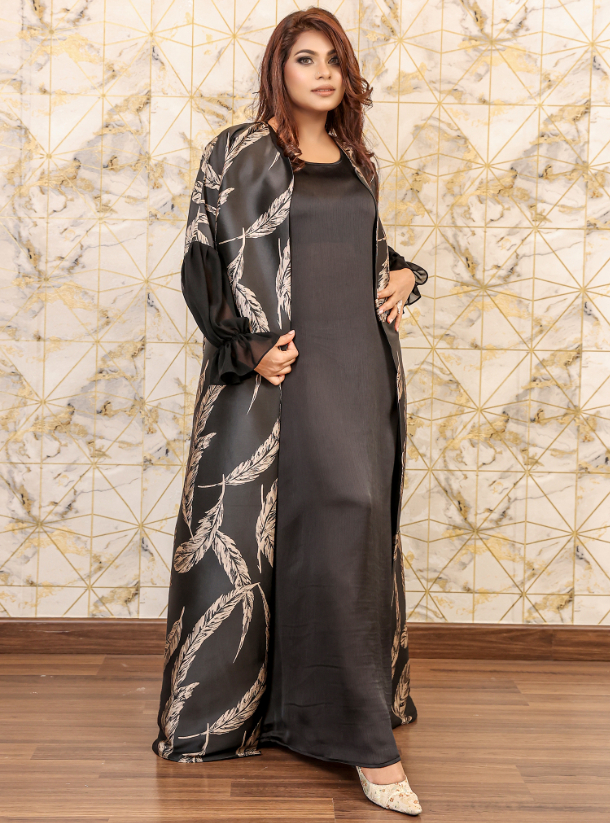 VI Feather Prin Black Printed Abaya with Inner dress and headscarf ...