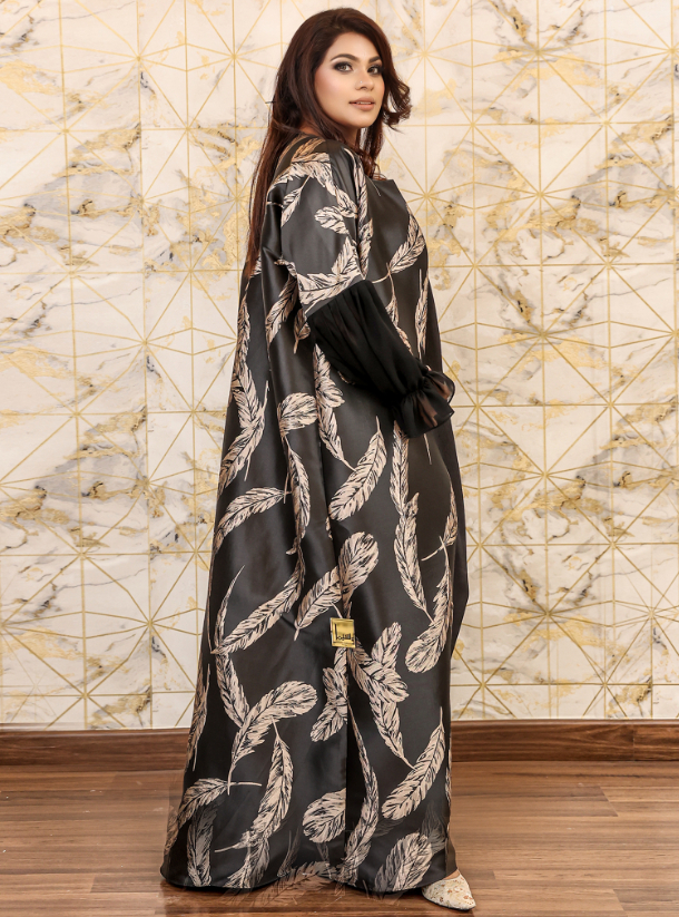 VI Feather Prin Black Printed Abaya with Inner dress and headscarf ...