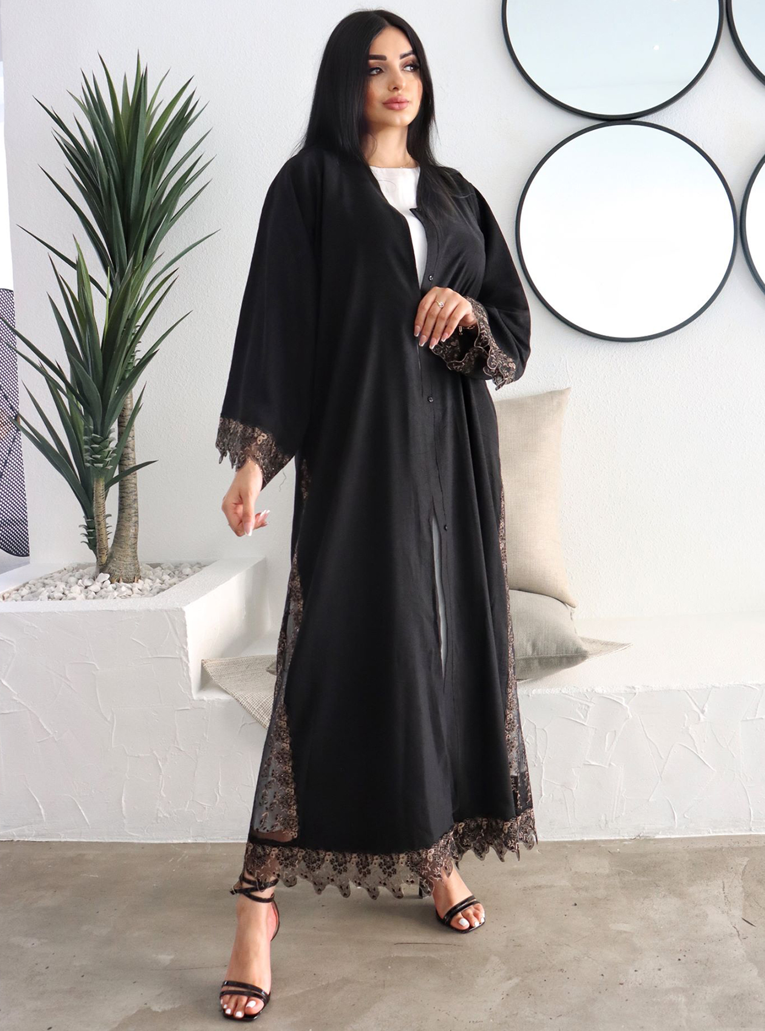 Embroidery Lace Beautiful abaya with golden emroidery lace adorned with ...