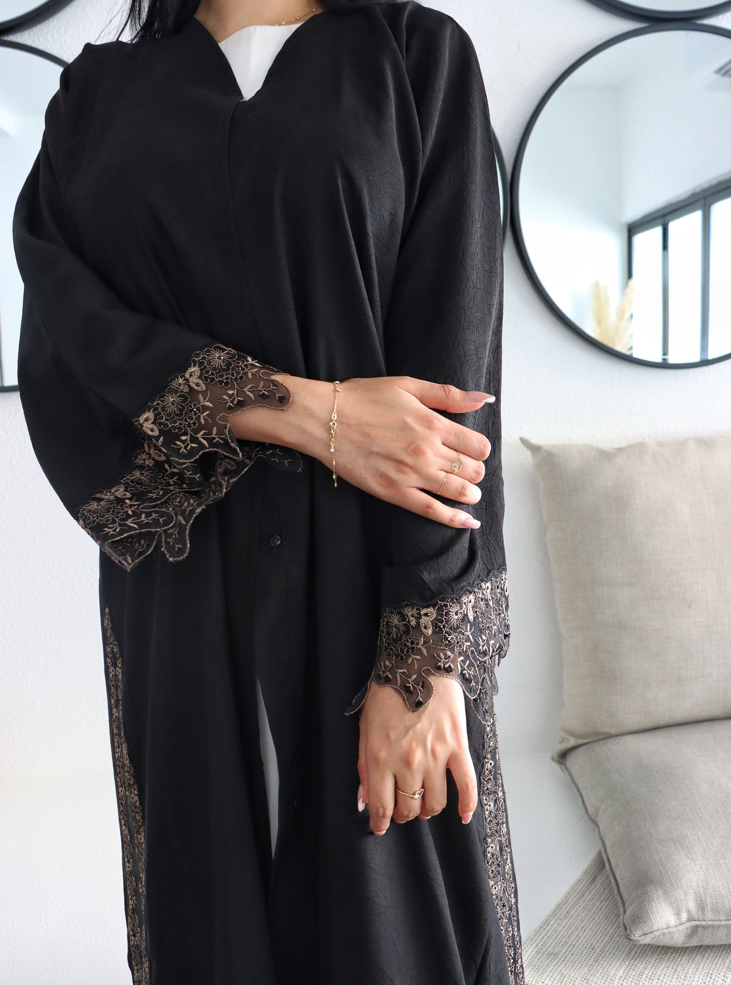 Embroidery Lace Beautiful abaya with golden emroidery lace adorned with ...