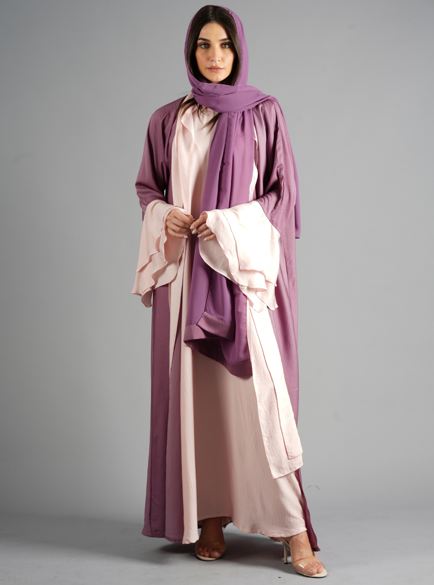 Rumail Abaya Light pink and purple colorblock abaya with flounced ...