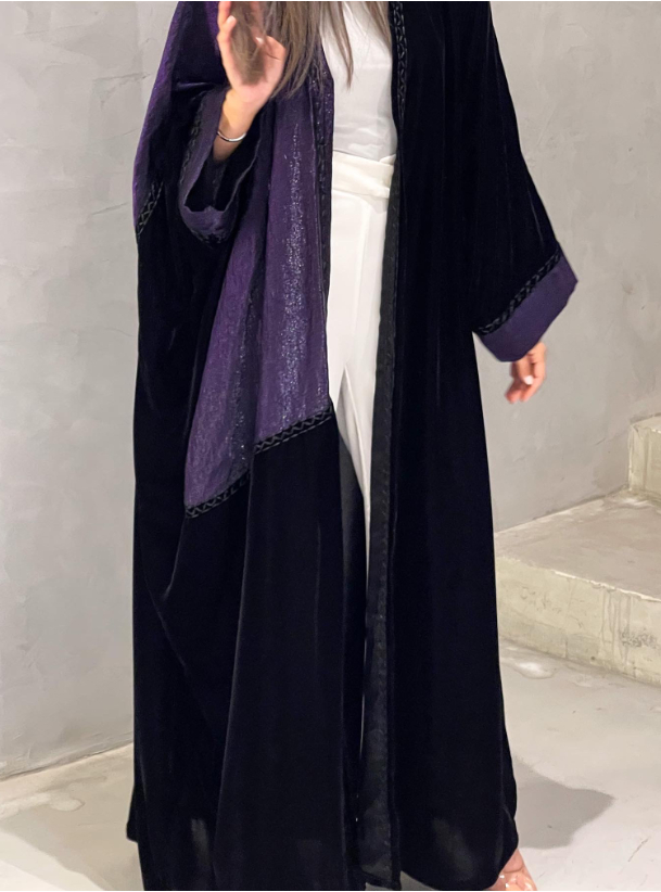 024 Abaya Black velvet abaya with purple colorblock patches adorned ...