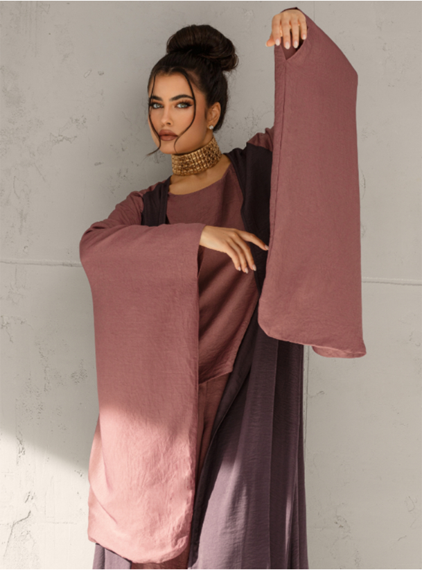 SS22 L-AS017 Two toned textured crepe silk abaya with raglan /kimono ...