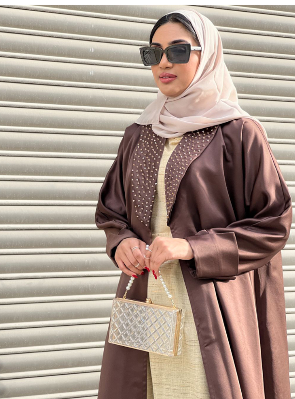 Brown Abaya Brown collared abaya, adorned with embellishments. Comes with a headscarf. Abayas ...