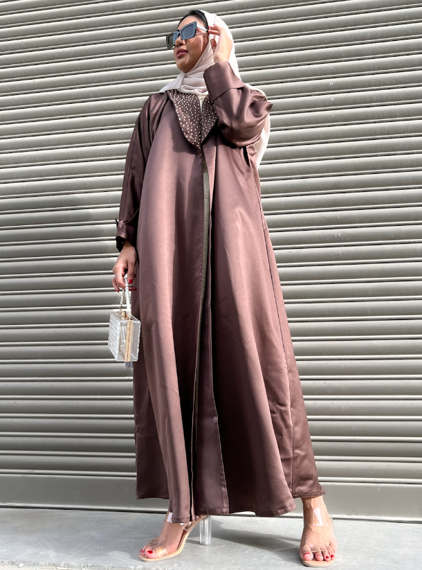 Brown Abaya Brown collared abaya, adorned with embellishments. Comes with a headscarf. Abayas ...