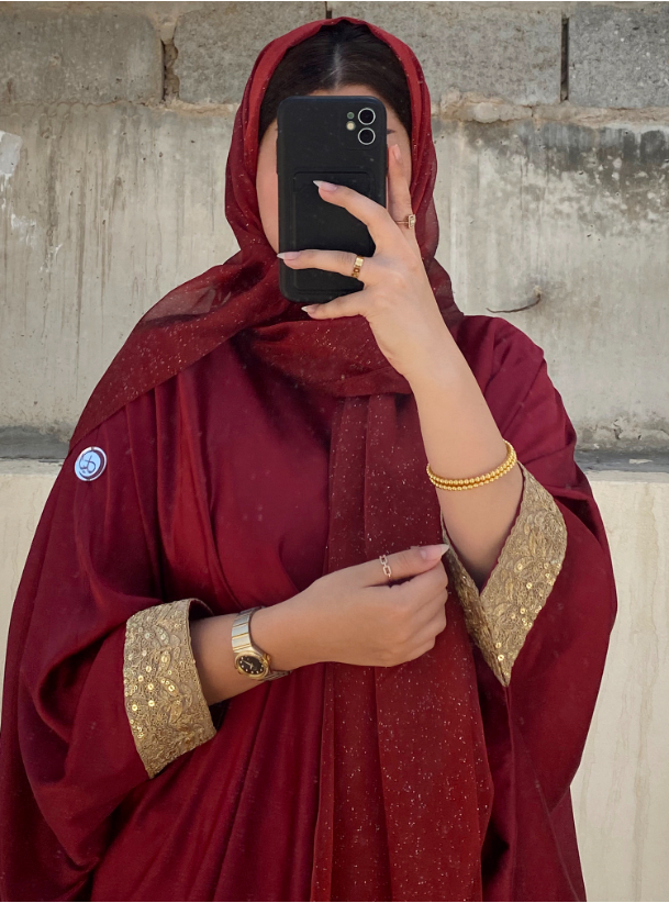 Maroon glitters Maroon bisht abaya with sequined sleeve trimmings ...