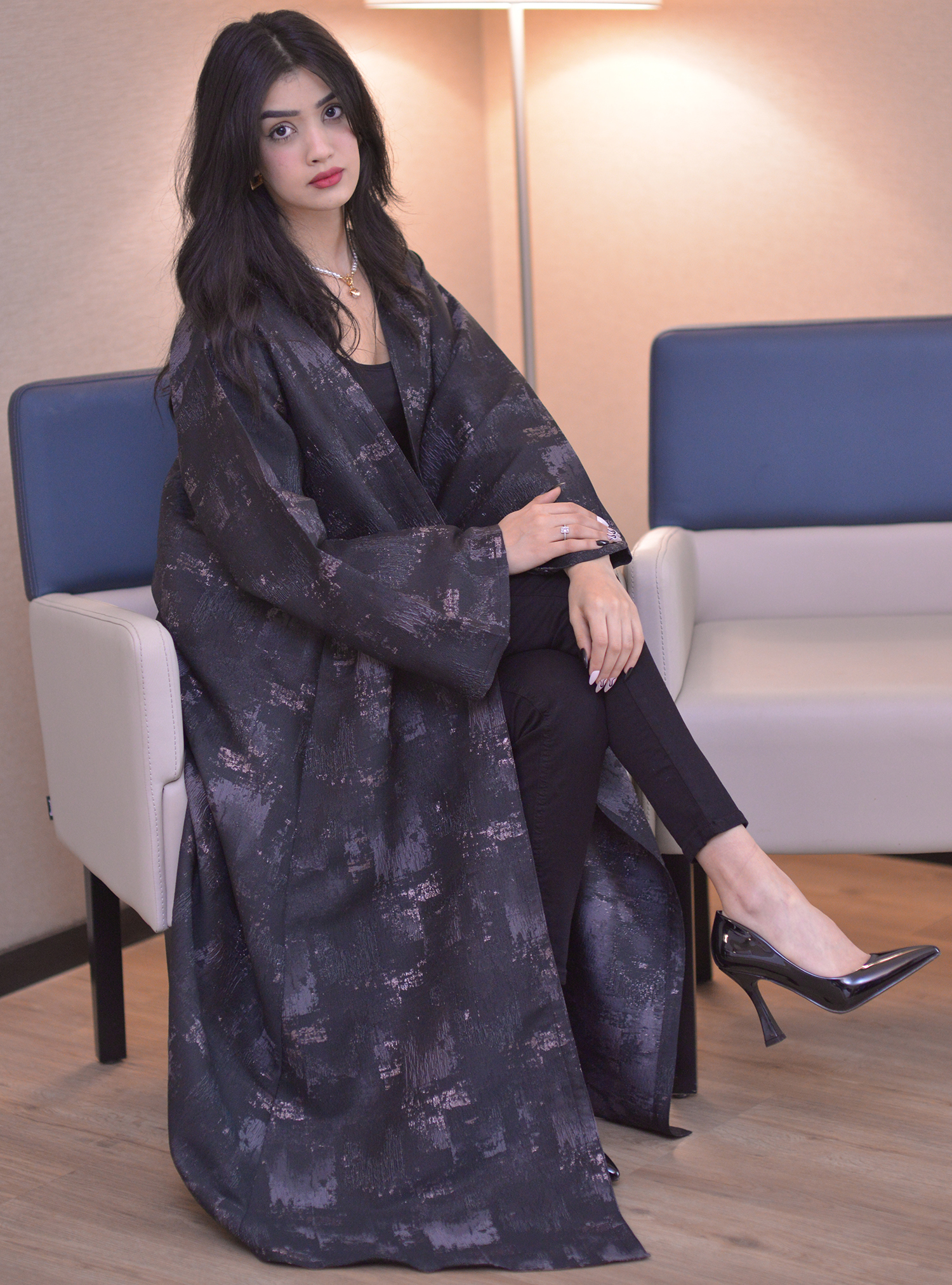 Asmaa Abaya Black textured brocade abaya with abstract gold and silver patterns. Abayas from ...