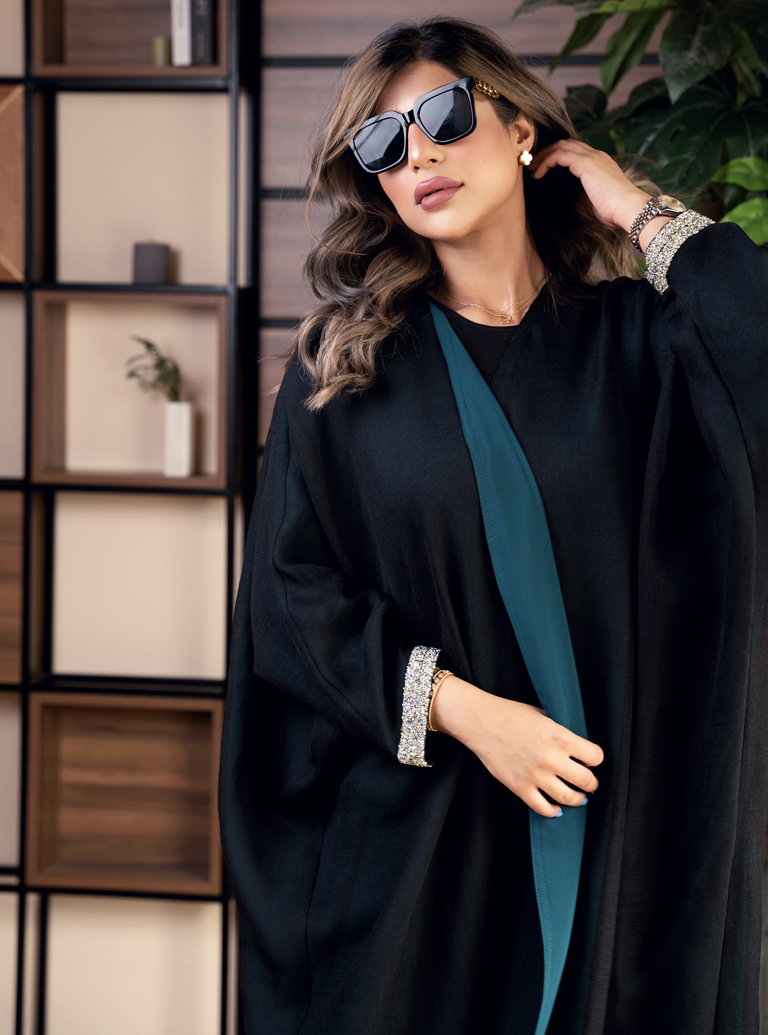 Black Glitters Black and Turquoise colorblock bisht abaya with glittery ...