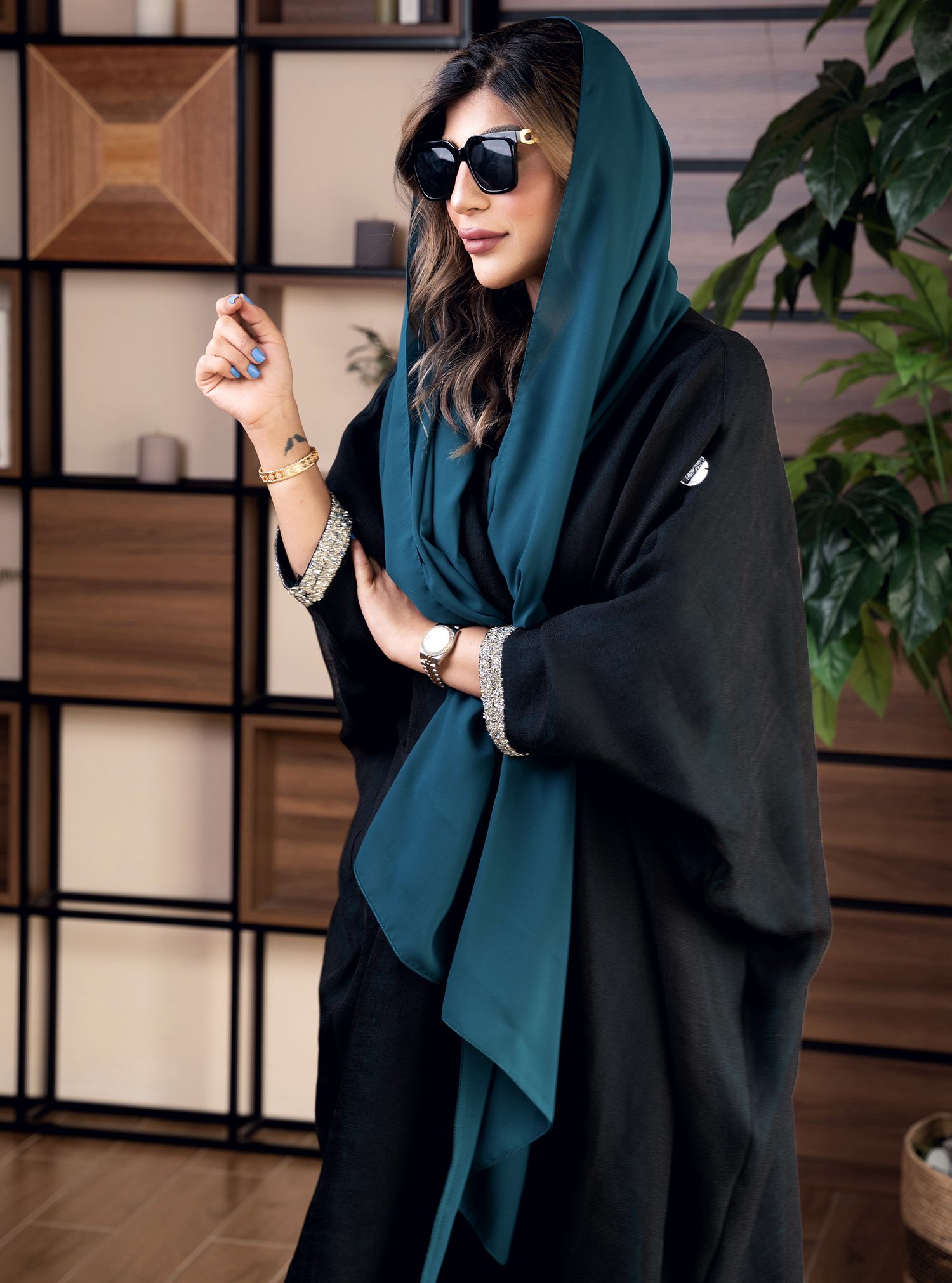 Black Glitters Black and Turquoise colorblock bisht abaya with glittery ...