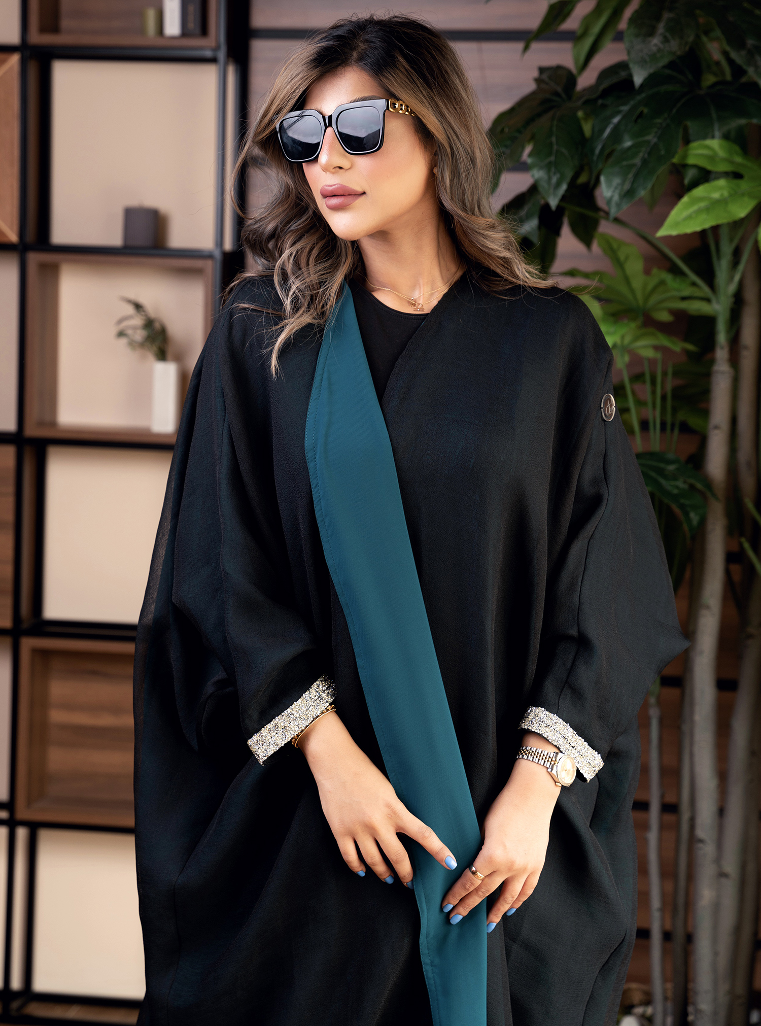 Black Glitters Black and Turquoise colorblock bisht abaya with glittery ...