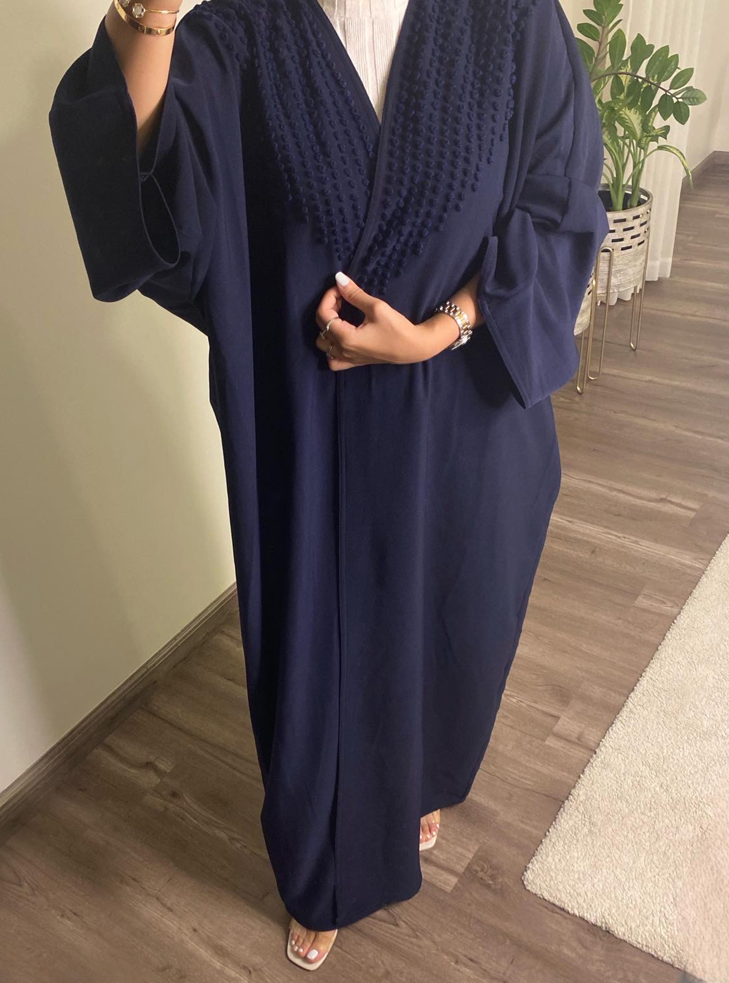 Dotted Blue Navy blue crepe oversized bisht abaya with crochet dot ...