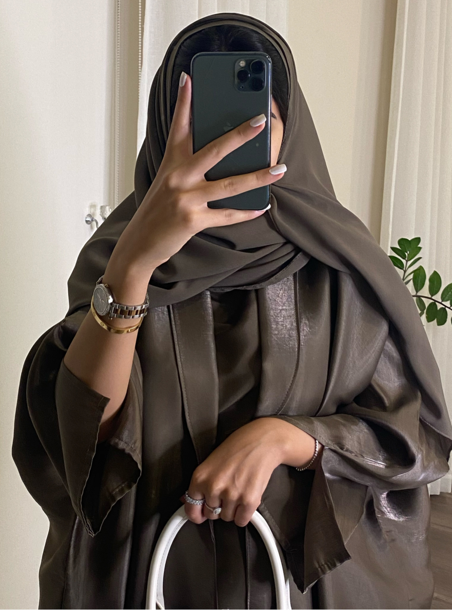 Collar Set Brown collared Abaya, with inner dress and headscarf. Abayas from Alef at Boksha