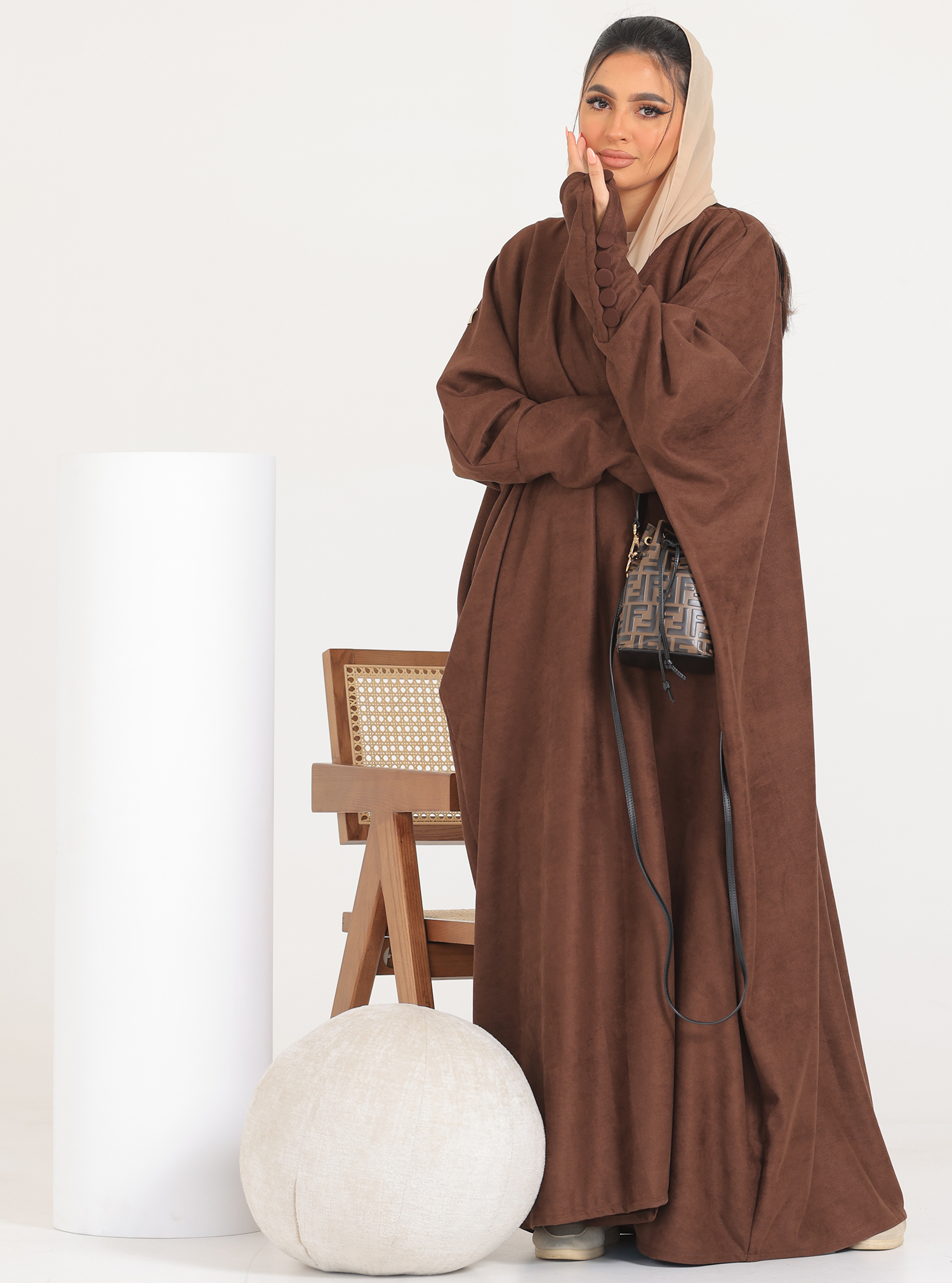 Nov3-66 Brown abaya with buttoned cuffed sleeves and thumb holes to keep your hands warm during ...
