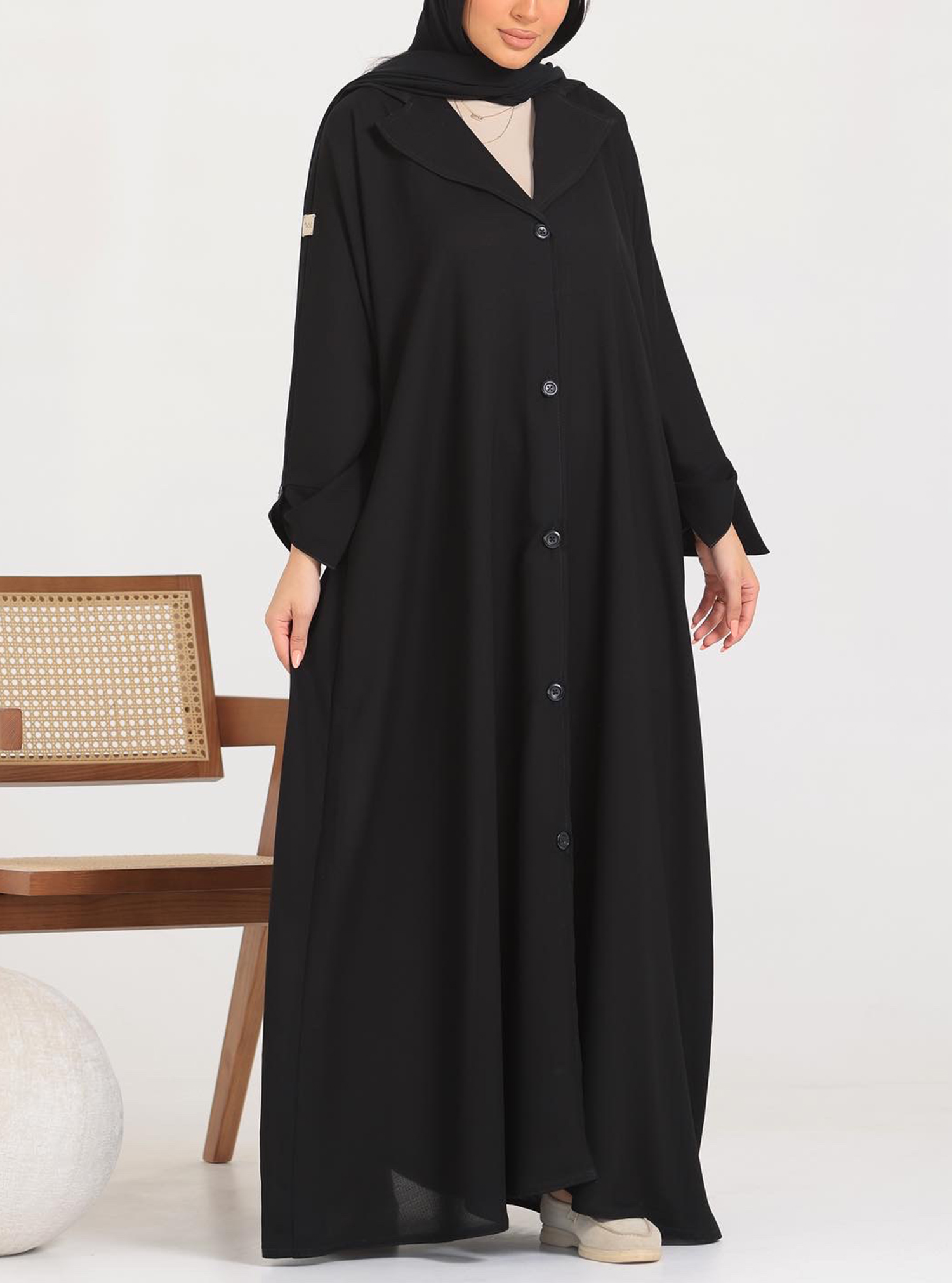 Nov3-68 Black A-line jacket abaya with buttons. Comes with a headscarf ...