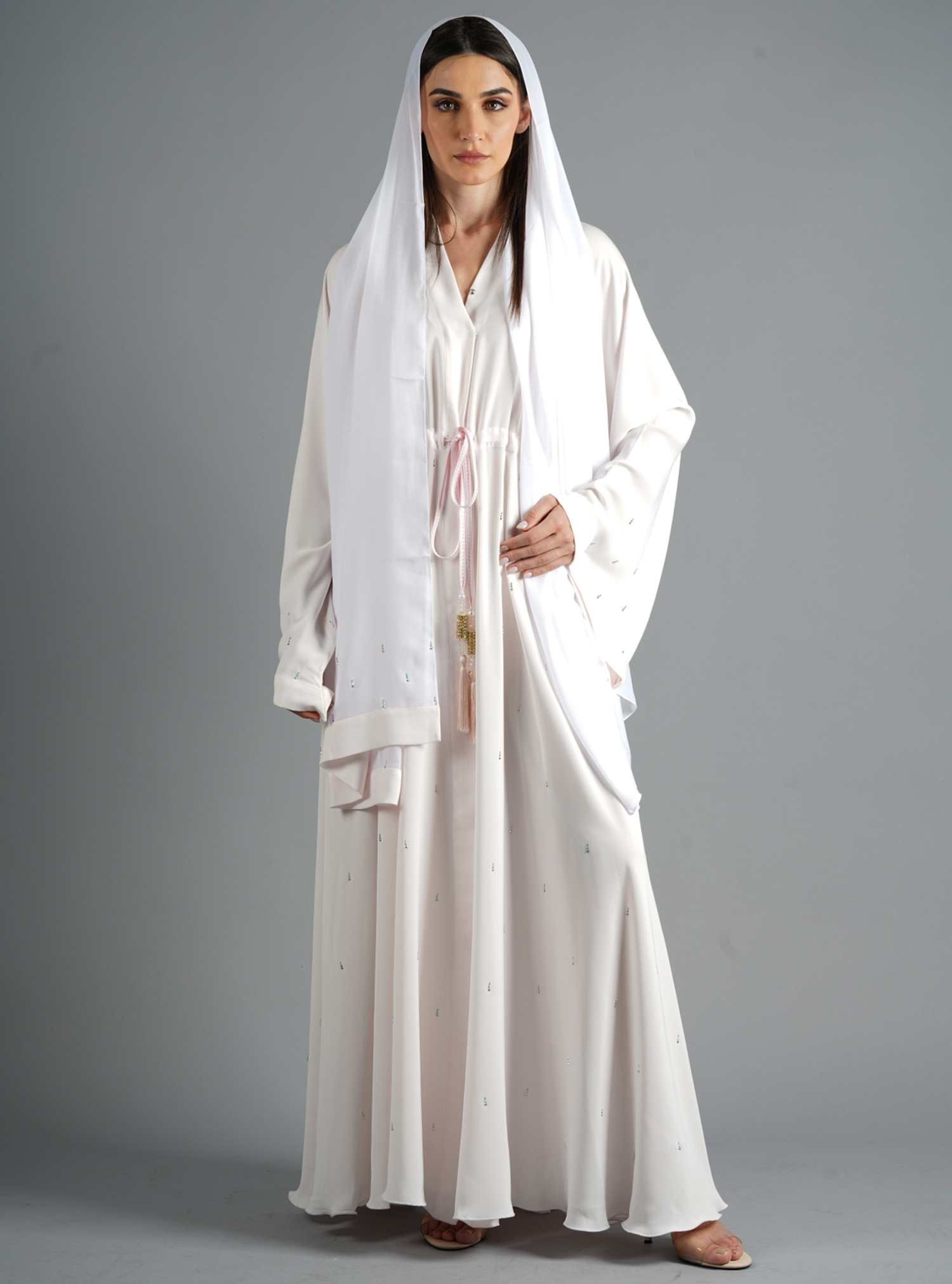 Stone Abaya Light pink abaya with adjustable drawstring belt, adorned ...