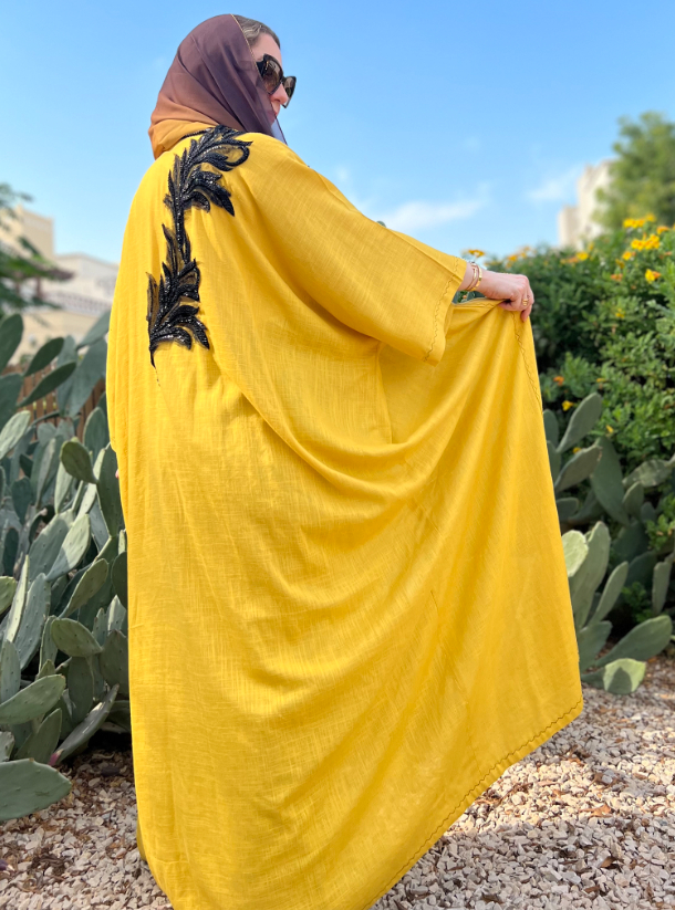 Frond abaya Yellow linen abaya with frond appliques. Comes with a belt ...