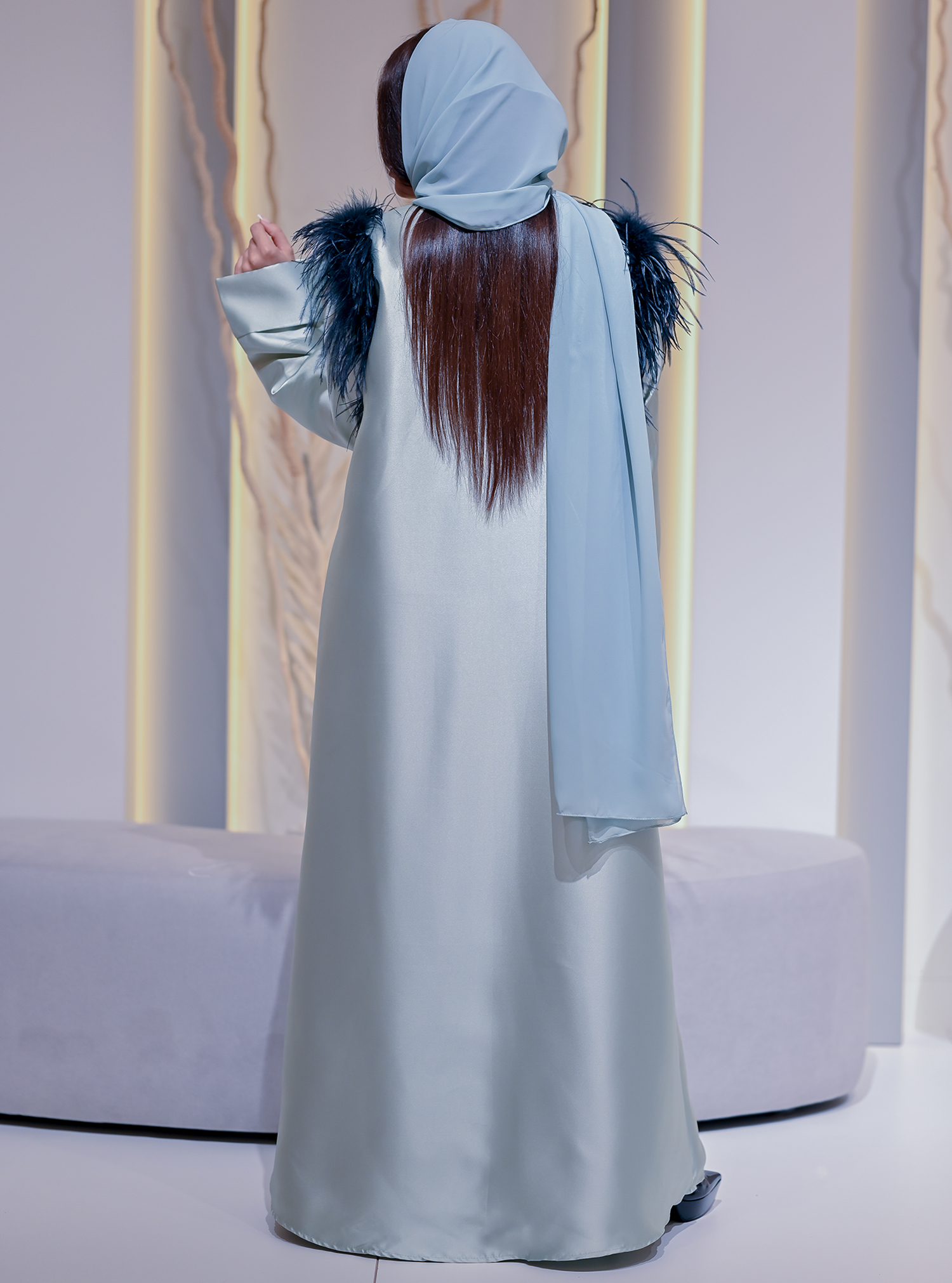 VI Minty Feathe Pastel Green Abaya with feather trimmings and crystal ...